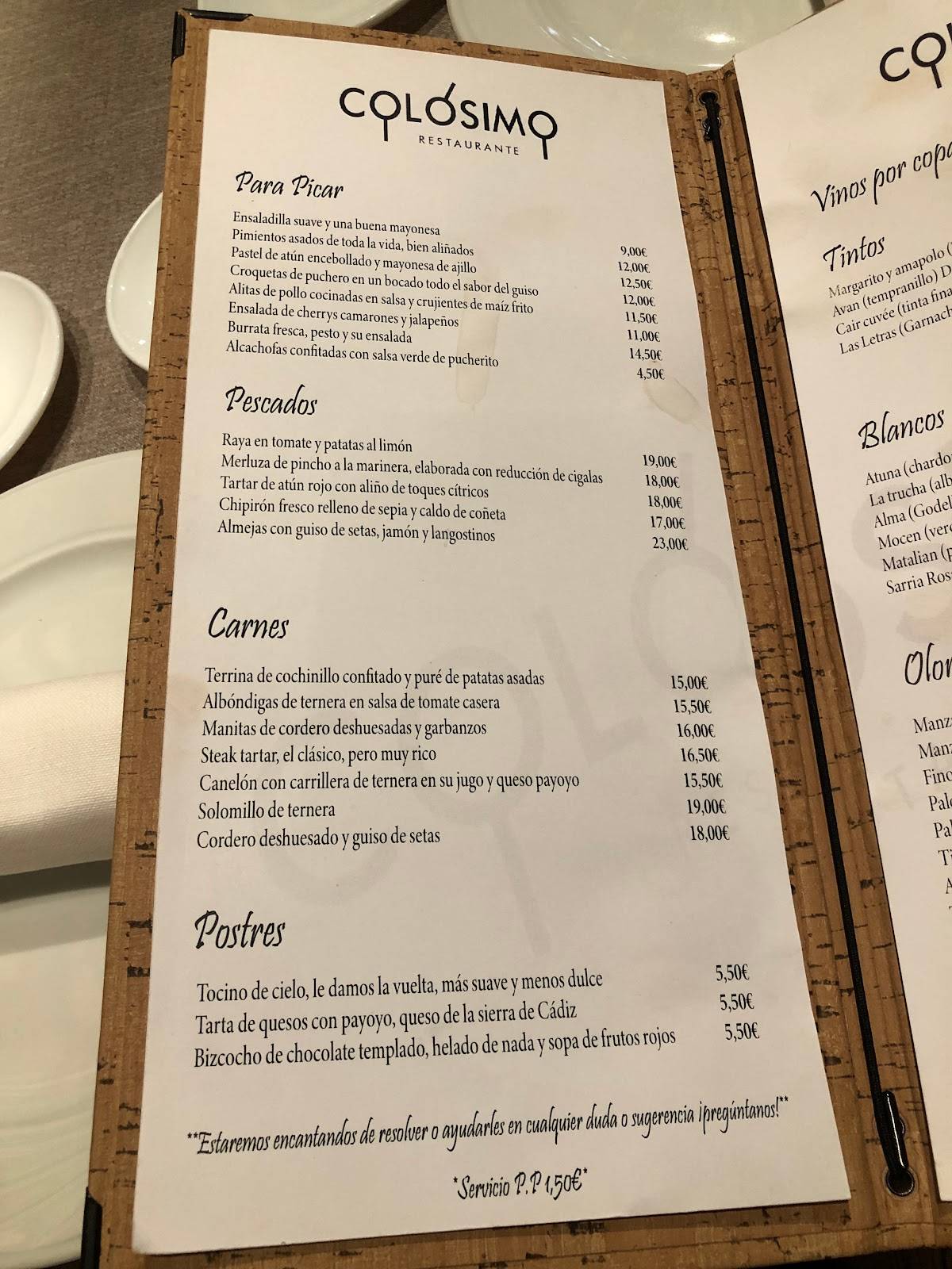 Carta de Restaurante Colósimo, Madrid