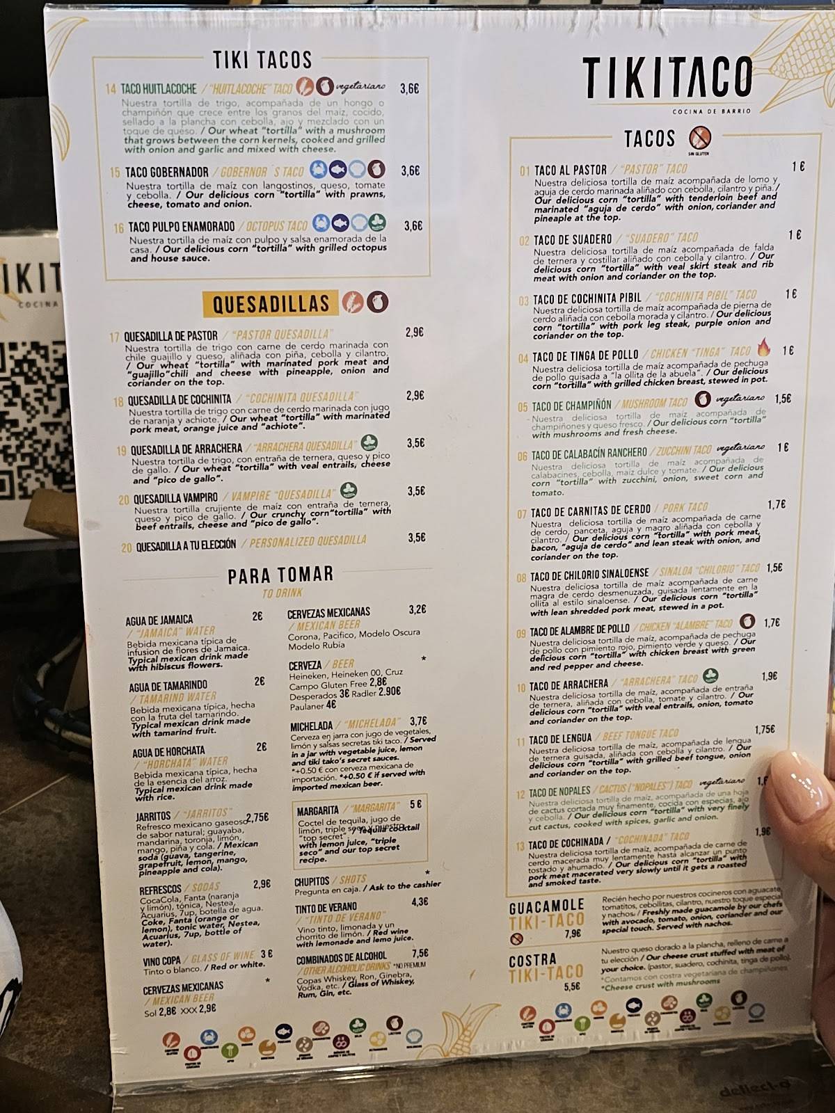 Menu at Tiki Taco San Bernardo restaurant, Madrid