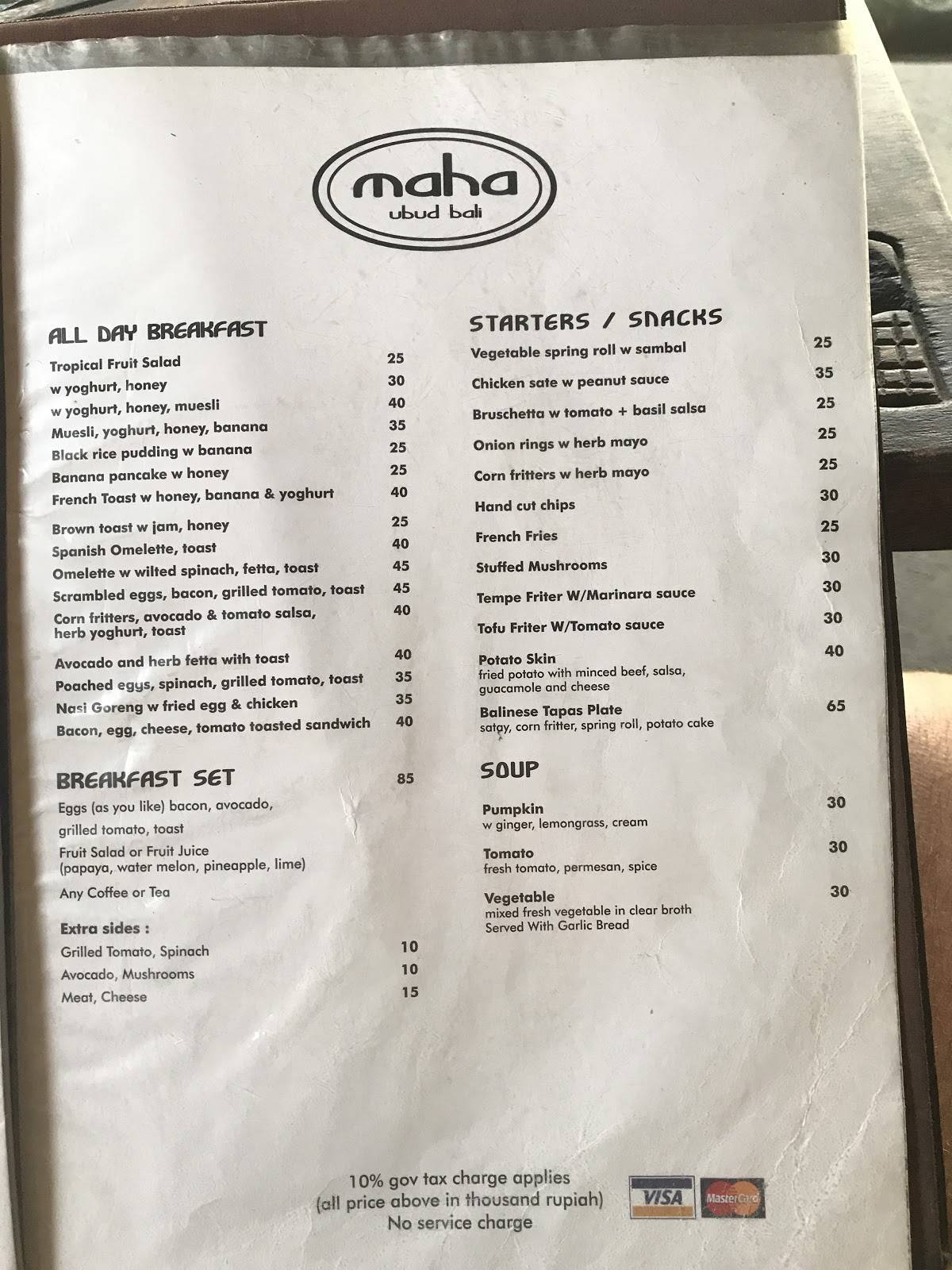 Menu at Maha Cafe/Bar, Ubud