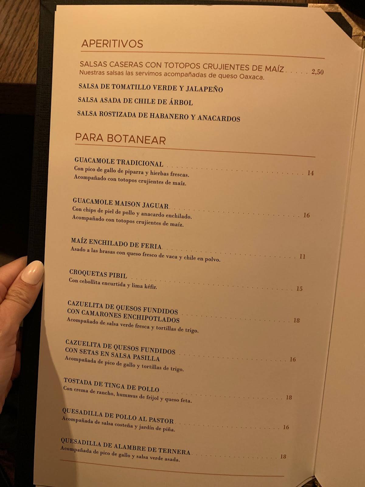 Carta de Maison Jaguar, restaurante mexicano con espectáculo, Madrid