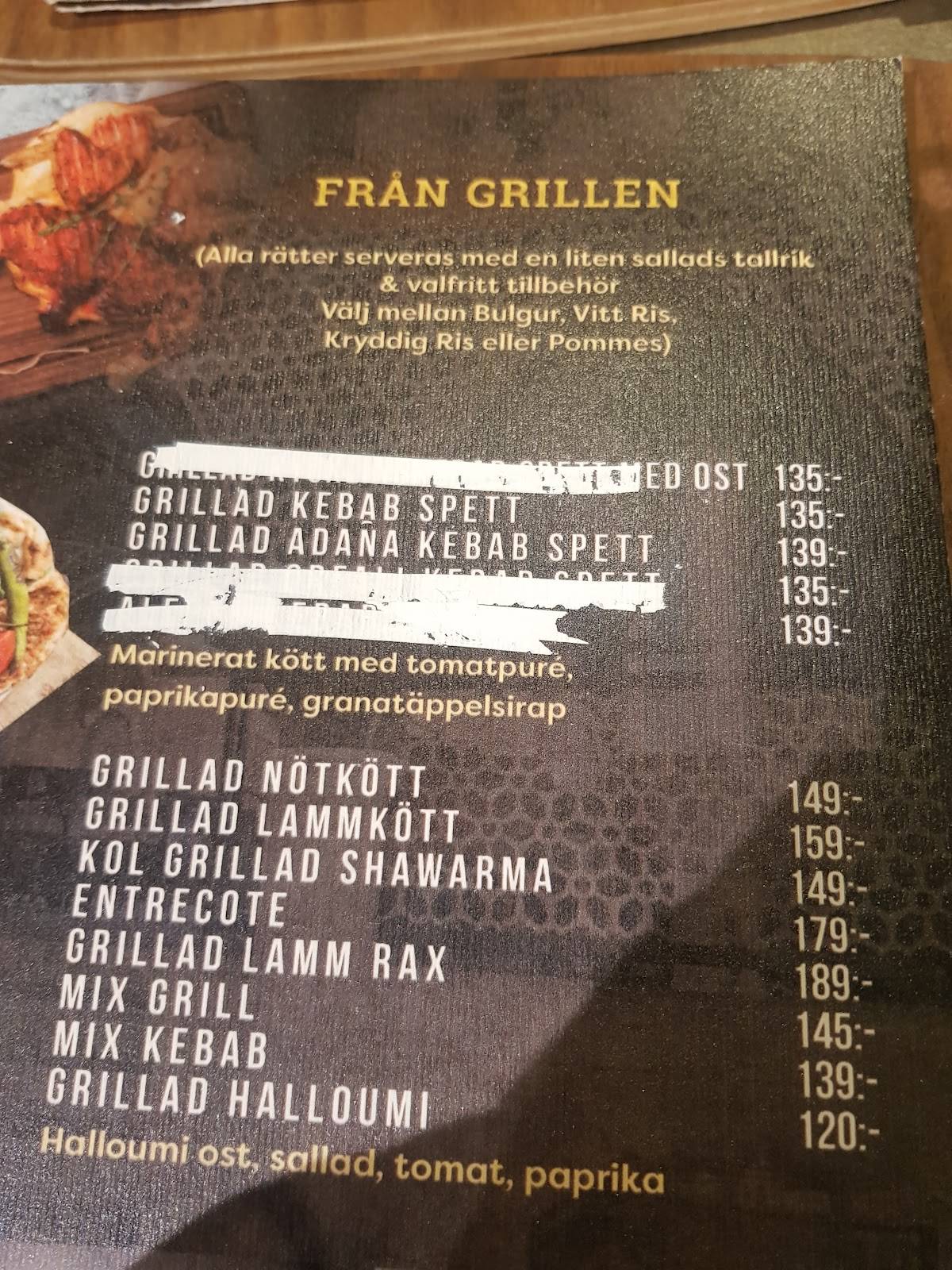 Menu at Damas restaurant, Malmö