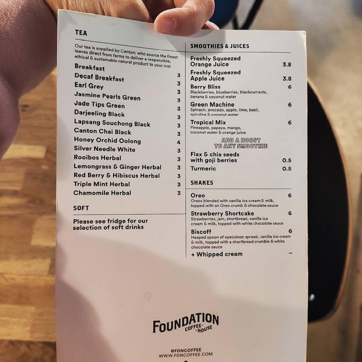 Menu at Foundation Coffee House, Manchester, Sevendale House