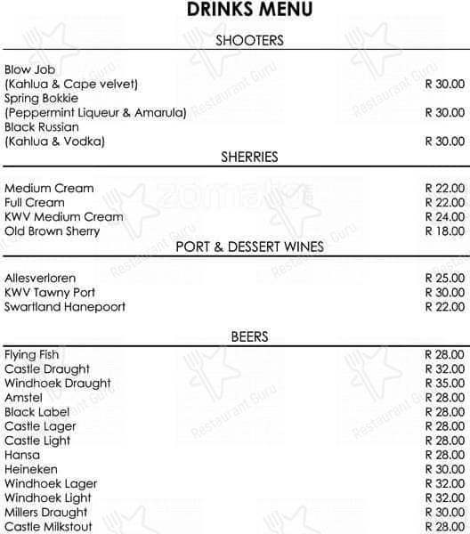 Menu at Manhattan Hotel restaurant, Pretoria