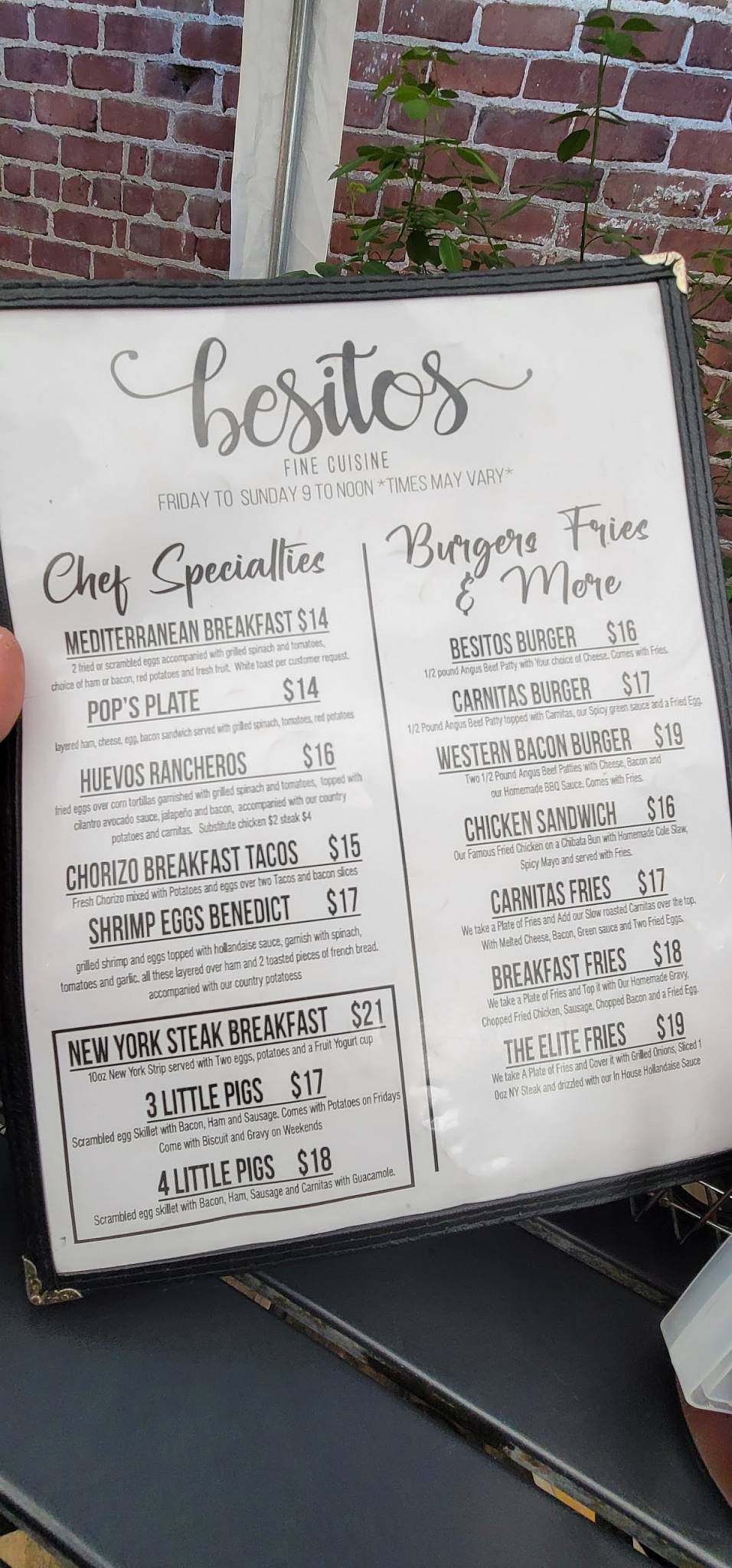 Menu at BESITOS Fine Cuisine restaurant, Manteca