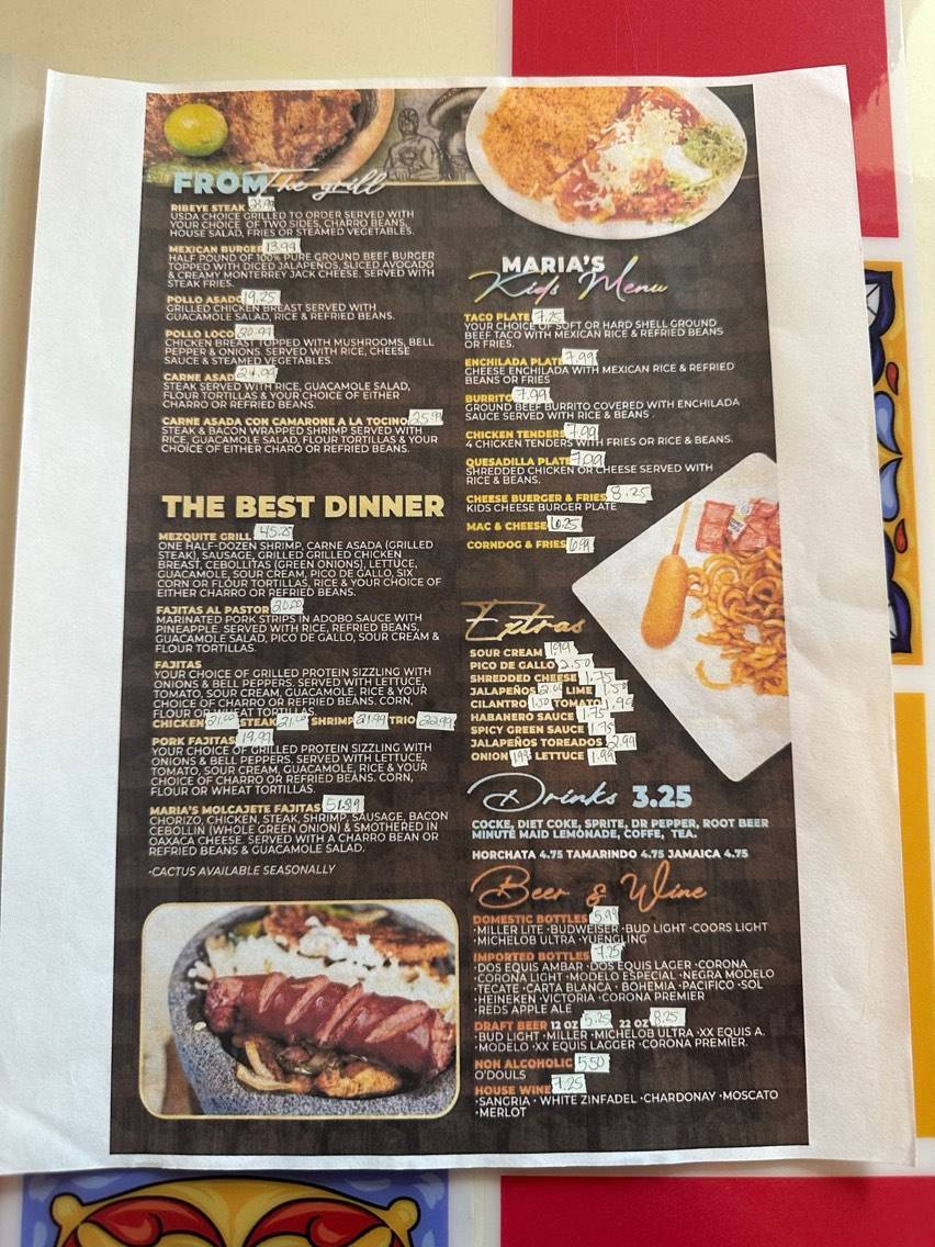 Menu at Maria's Cocina Mexicana restaurant, Sulphur