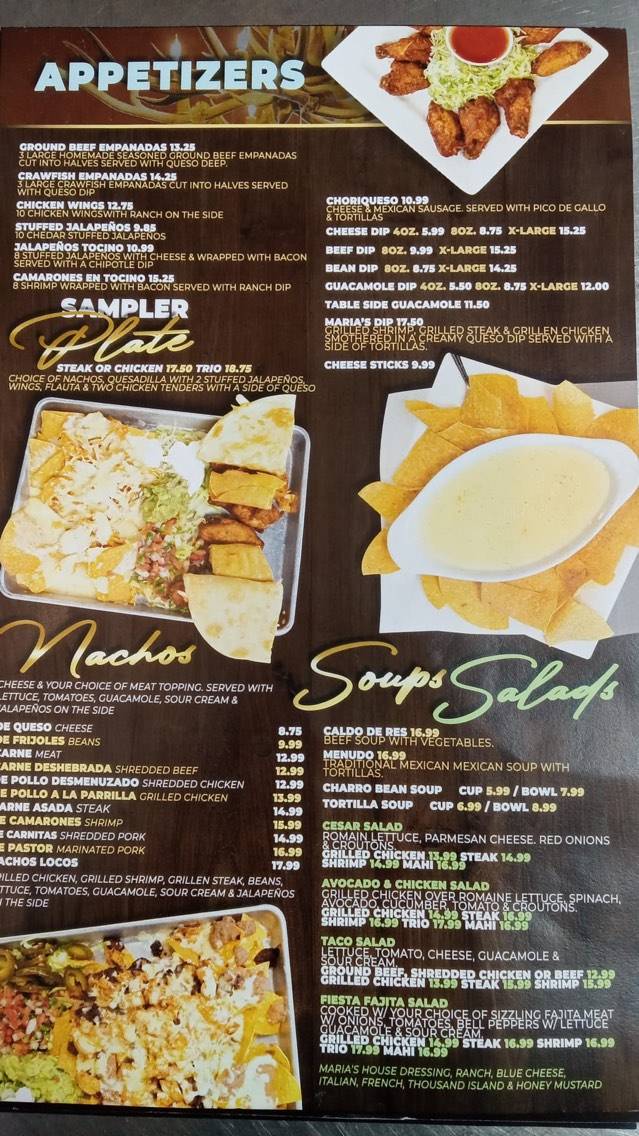 Menu at Maria's Cocina Mexicana restaurant, Sulphur