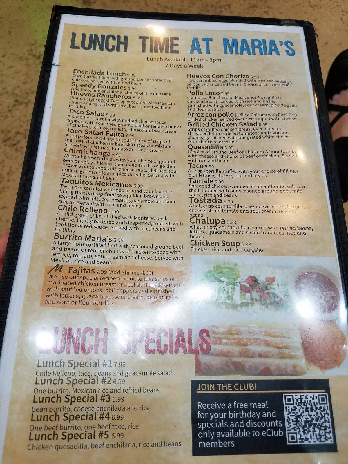 Menu at Maria's Mexican Grill restaurant, Noblesville