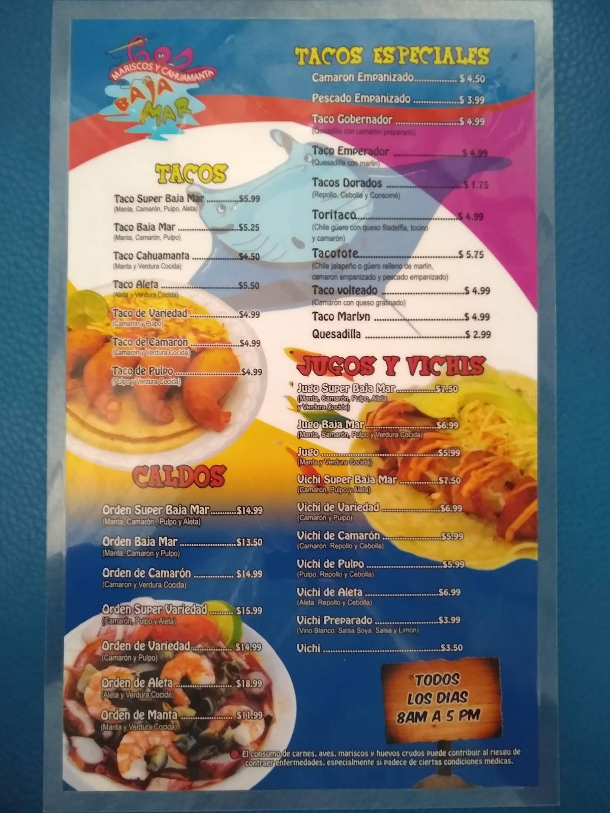 Menu at Mariscos Baja Mar restaurant, Tucson, S Nogales Hwy