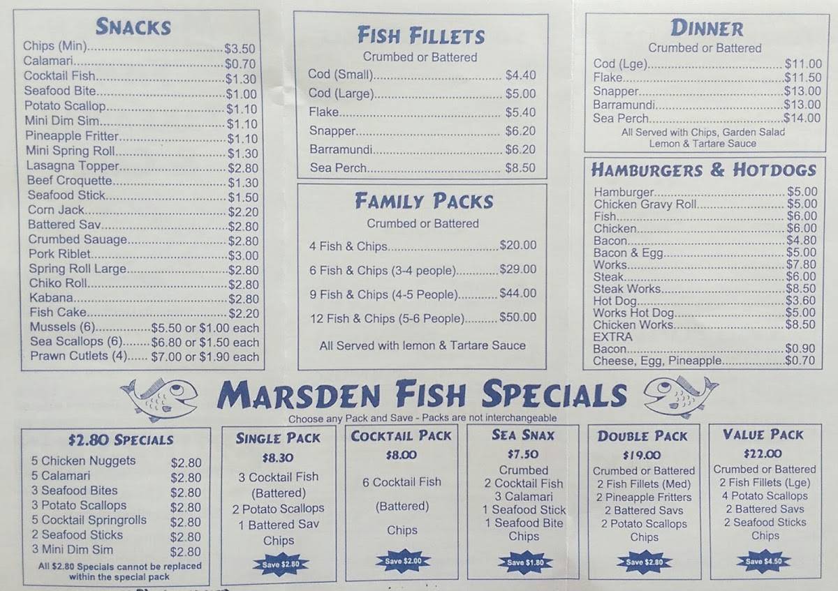 Menu at Marsden Fish & Takeaways fast food, Marsden