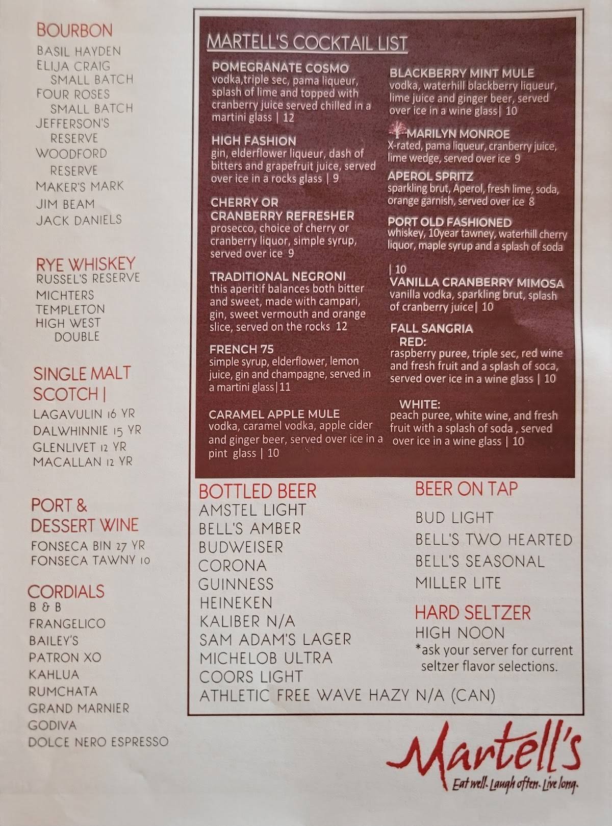 Menu at Martell's restaurant, Kalamazoo