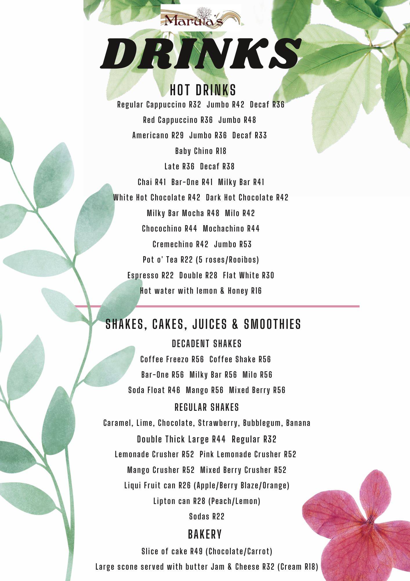 Menu at Marula Coffee Shop restaurant, Durban