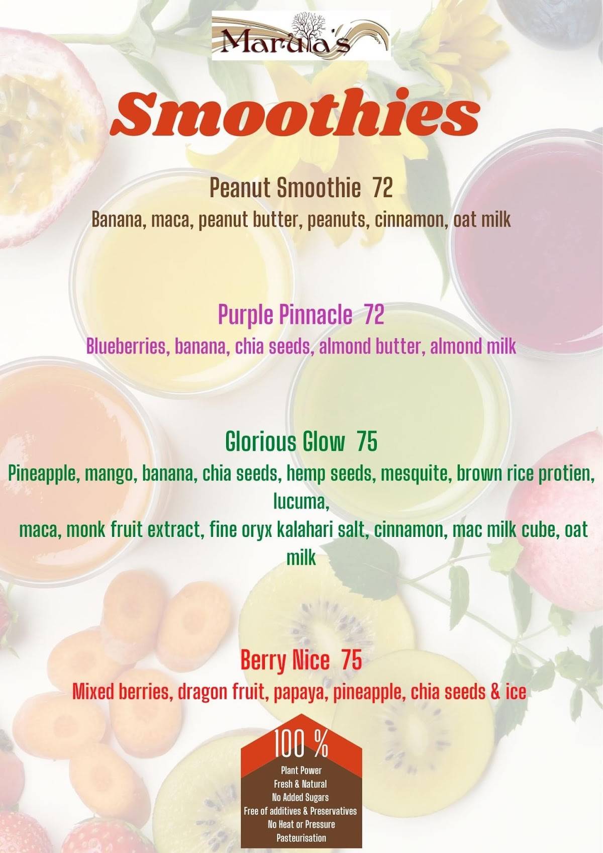 Menu at Marula Coffee Shop restaurant, Durban