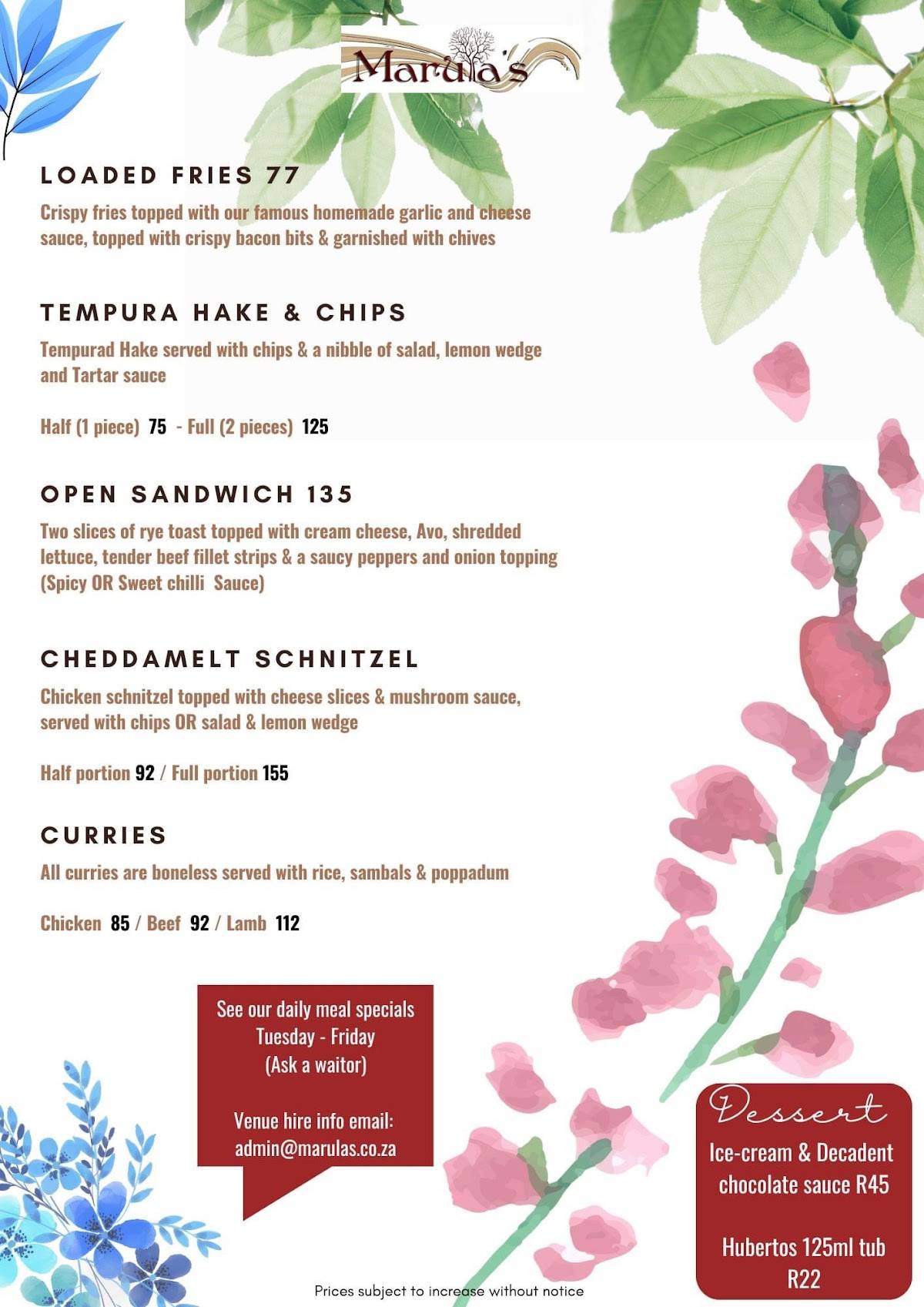 Menu at Marula Coffee Shop restaurant, Durban