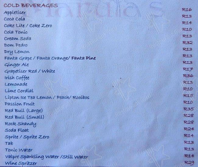 Menu at Marula Coffee Shop restaurant, Durban