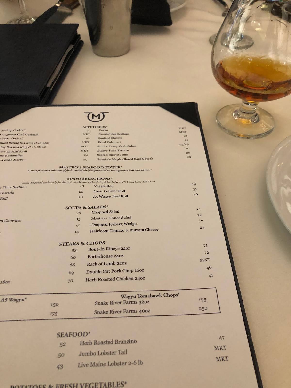 Menu at Mastro's Ocean Club, Las Vegas