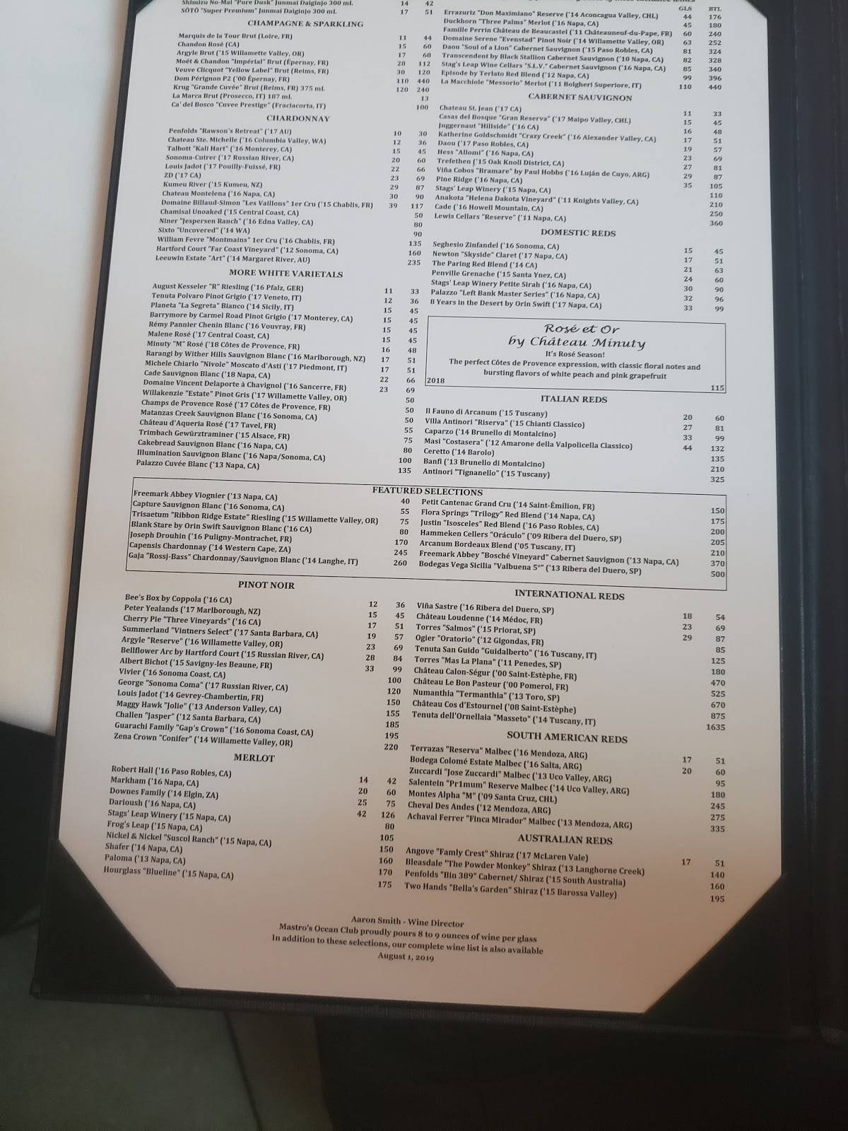 Menu at Mastro's Ocean Club, Las Vegas