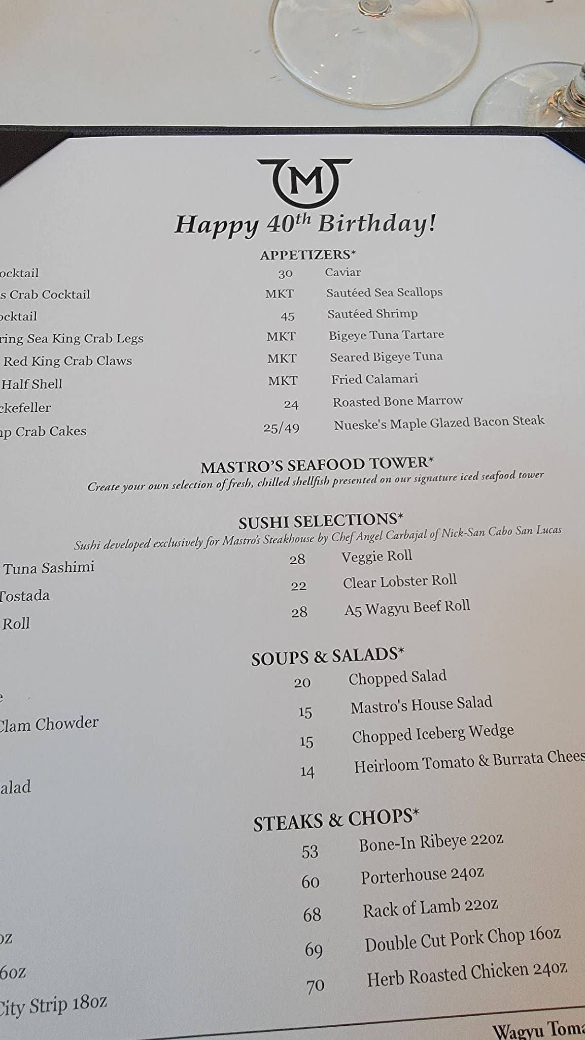 Menu at Mastro's Ocean Club, Las Vegas