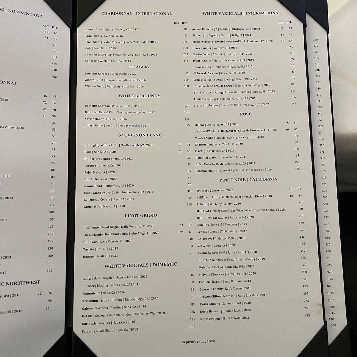 Menu at Mastro's Ocean Club, Las Vegas