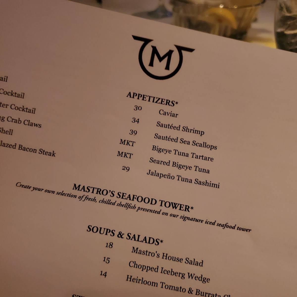 Menu at Mastro's Steakhouse, Chicago