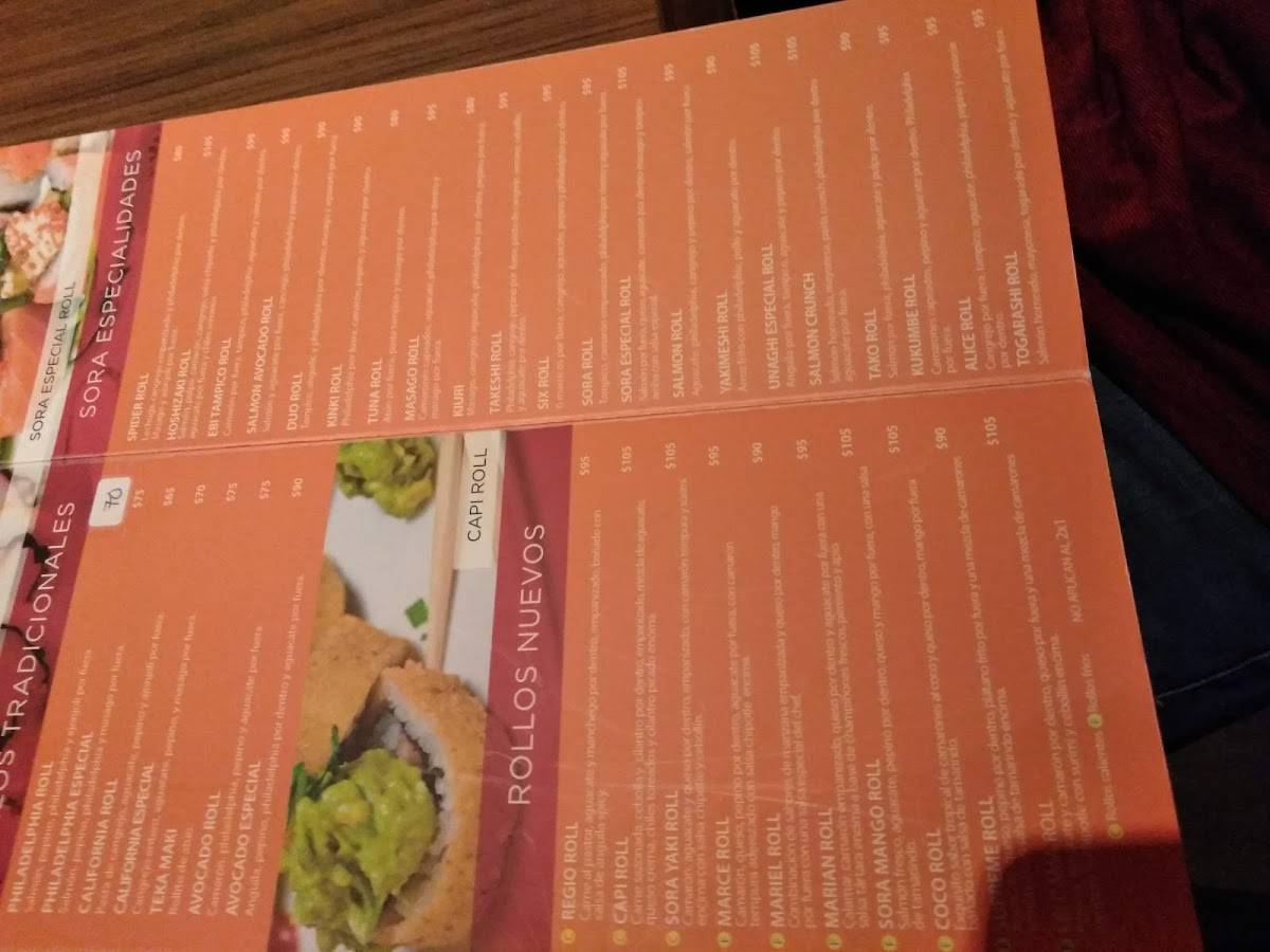 Menu at Sora Sushi Bar, Matamoros, Calle Sexta 504 Plaza Andrea