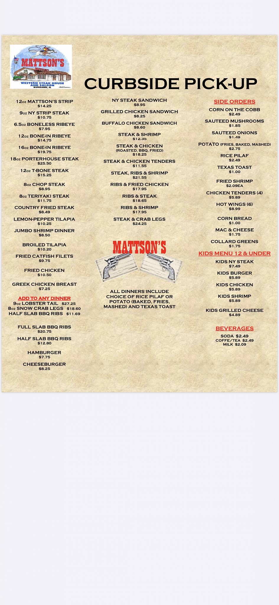 Menu at Mattson's Steak House steakhouse, Burbank