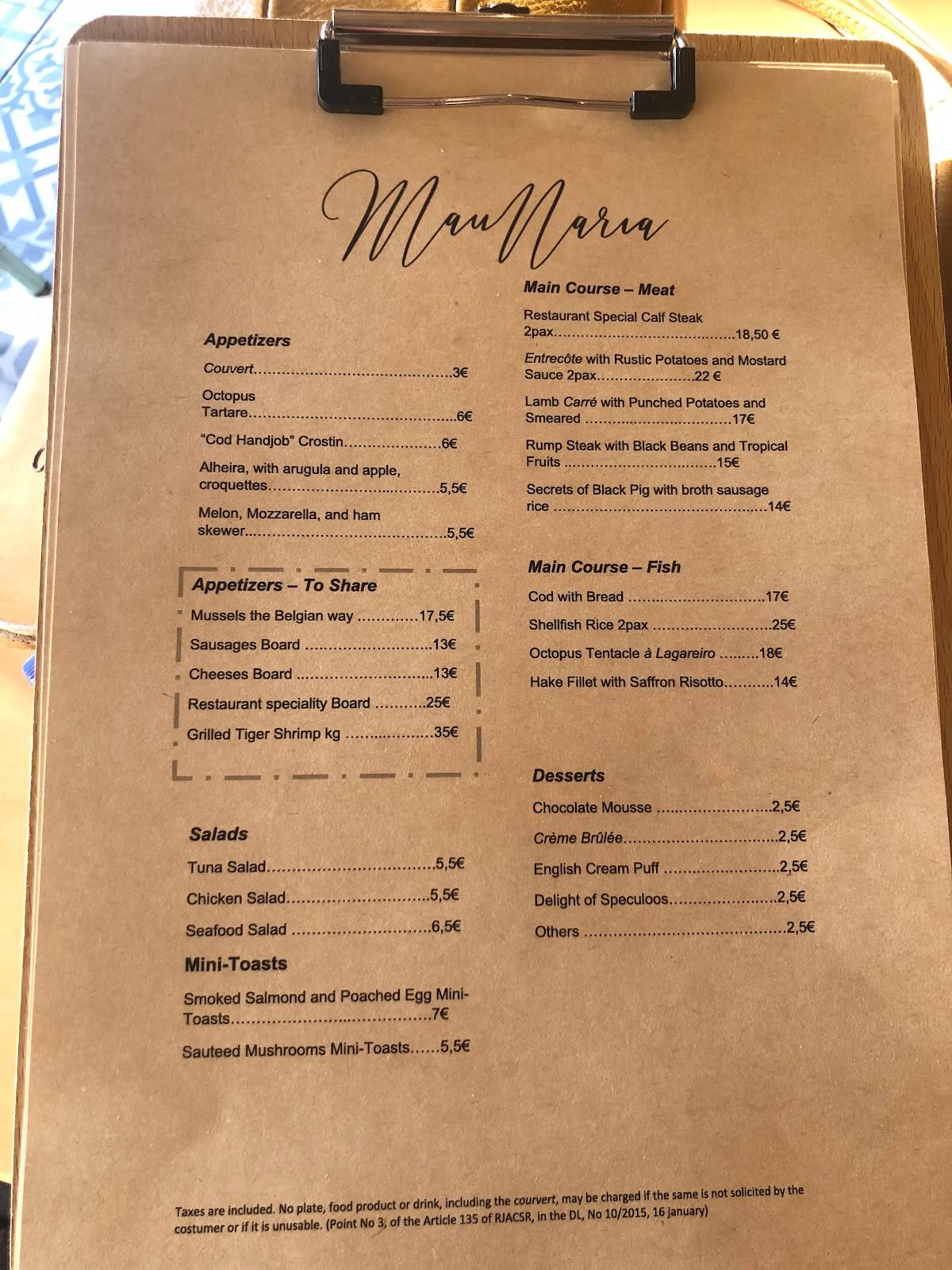 Menu at Restaurante Mau Maria, Vila Real