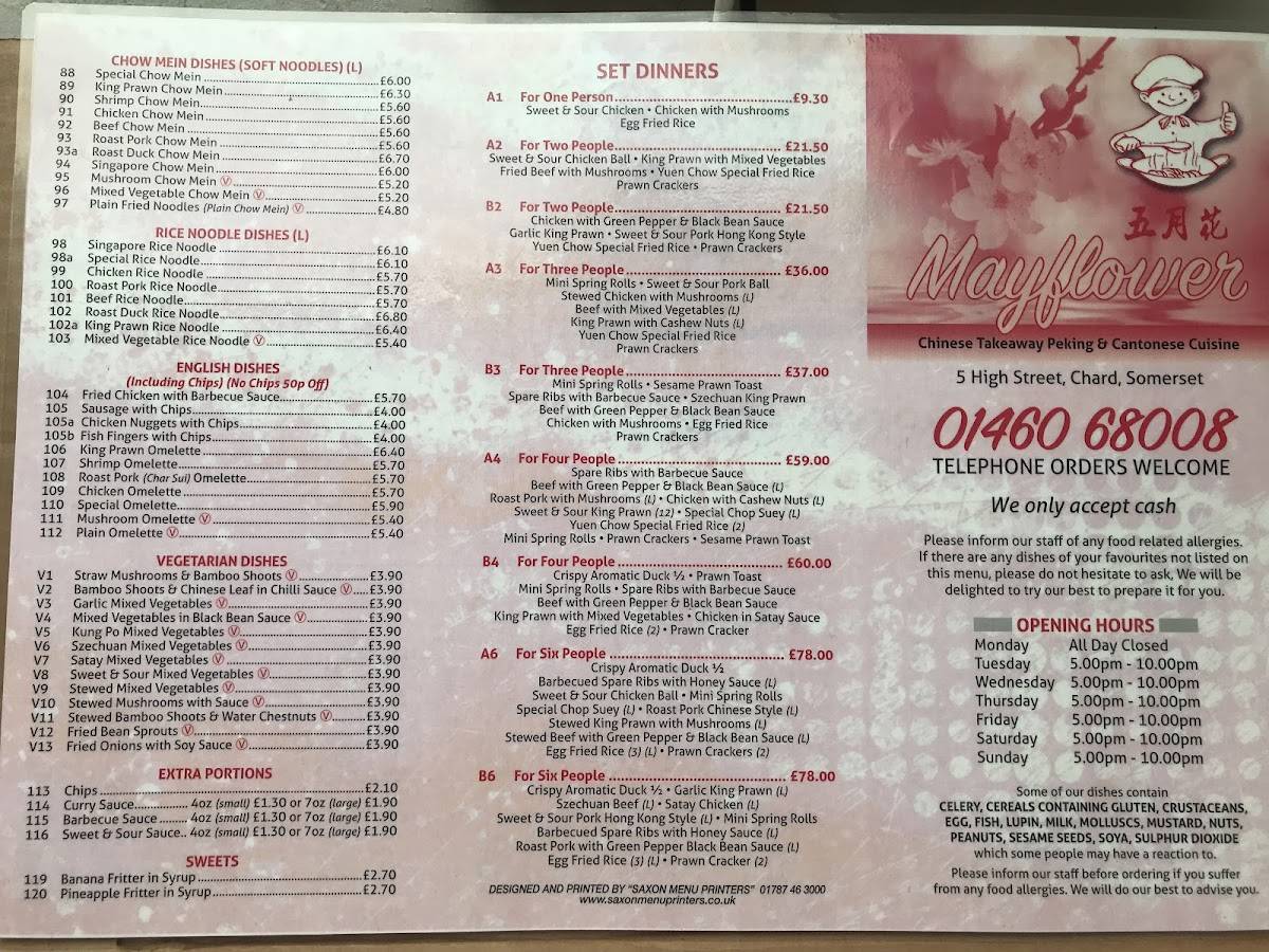 Menu at Mayflower chinese Takeaway fast food, Chard
