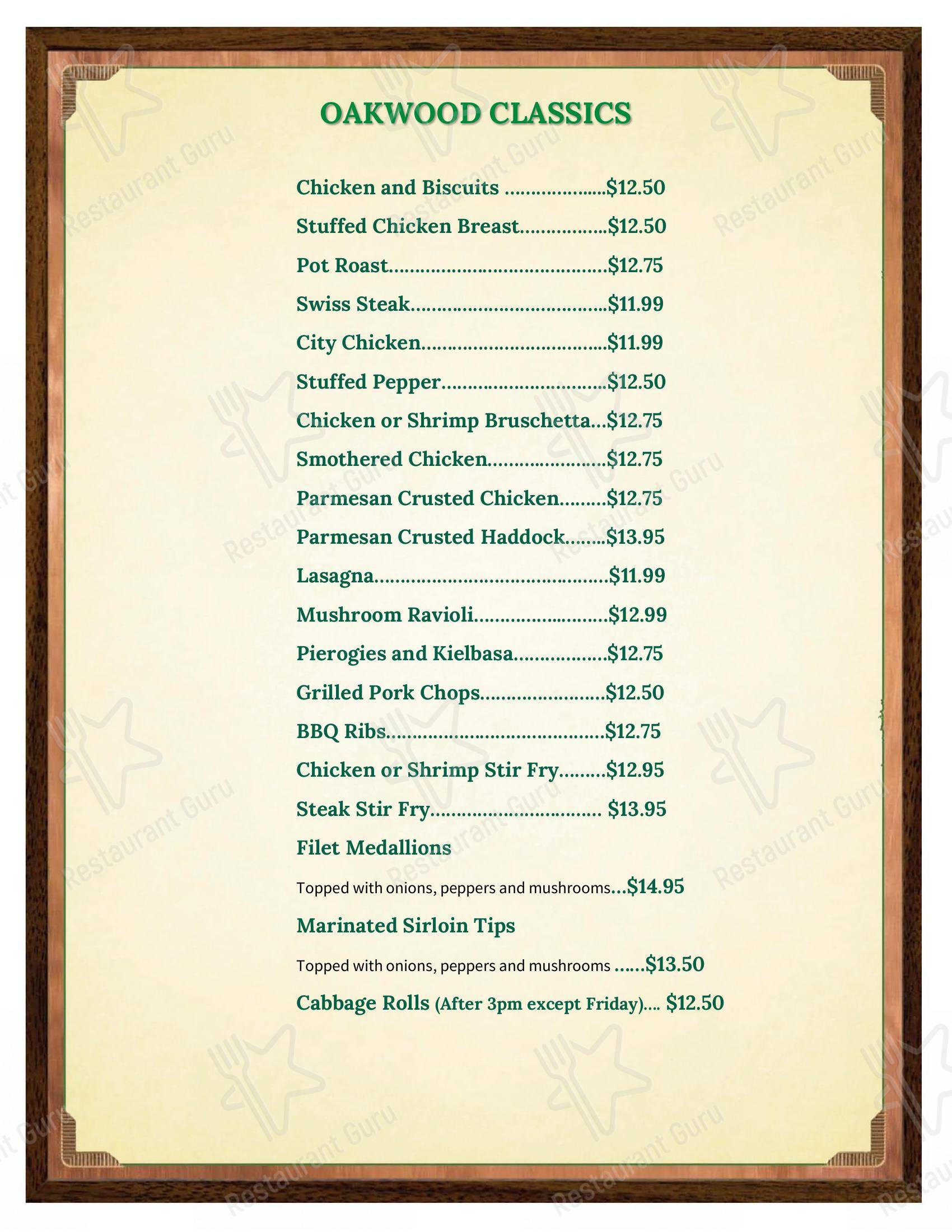 Menu at McGarrey's Oakwood Cafe, Erie