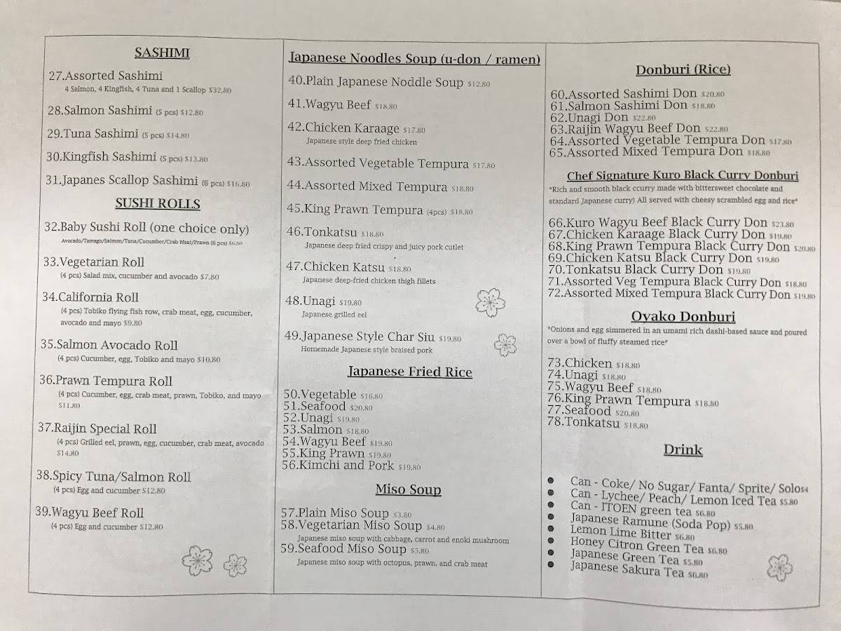 Menu at Raijin restaurant, McKellar