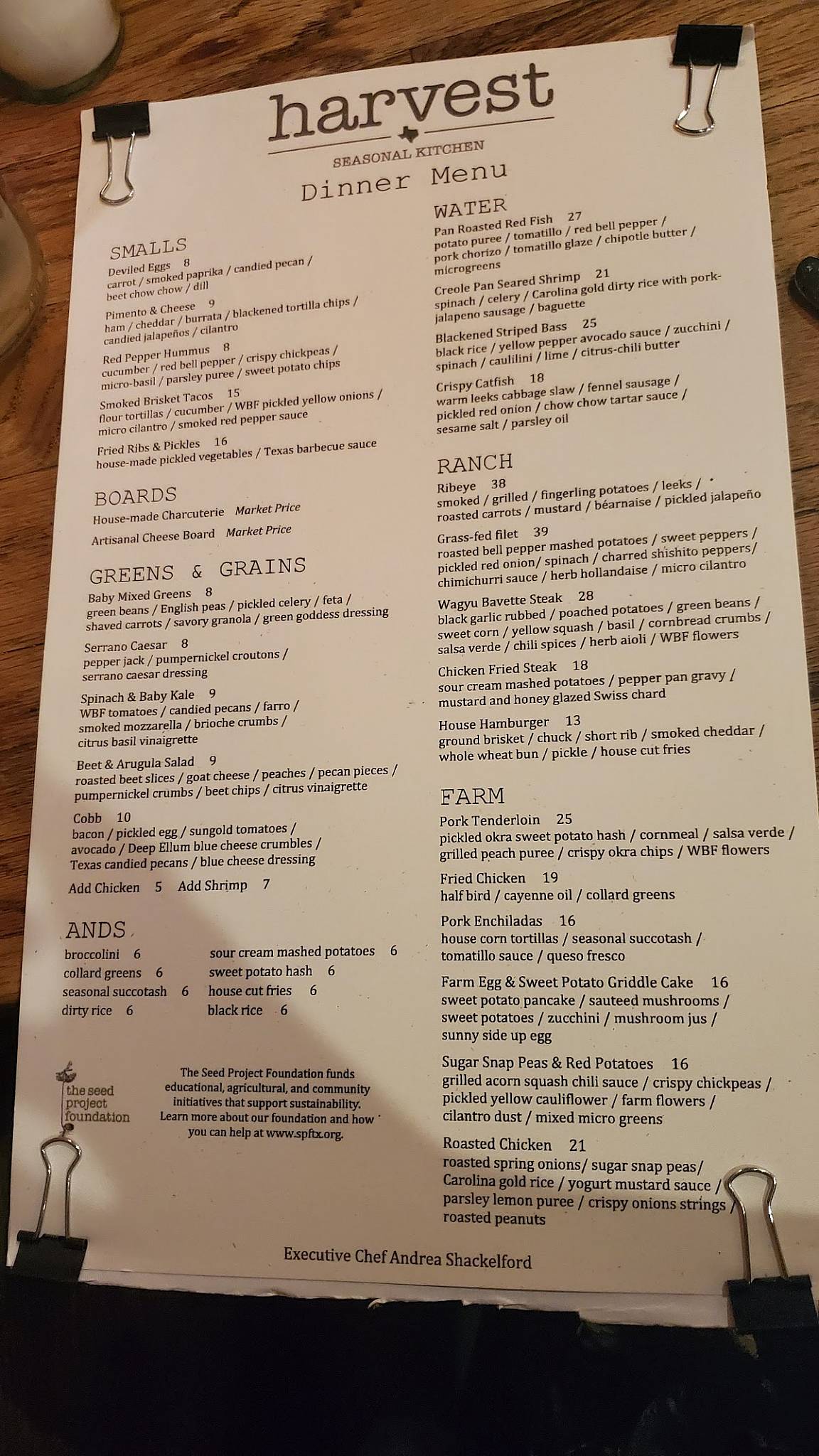 Menu at Harvest at the Masonic restaurant, McKinney