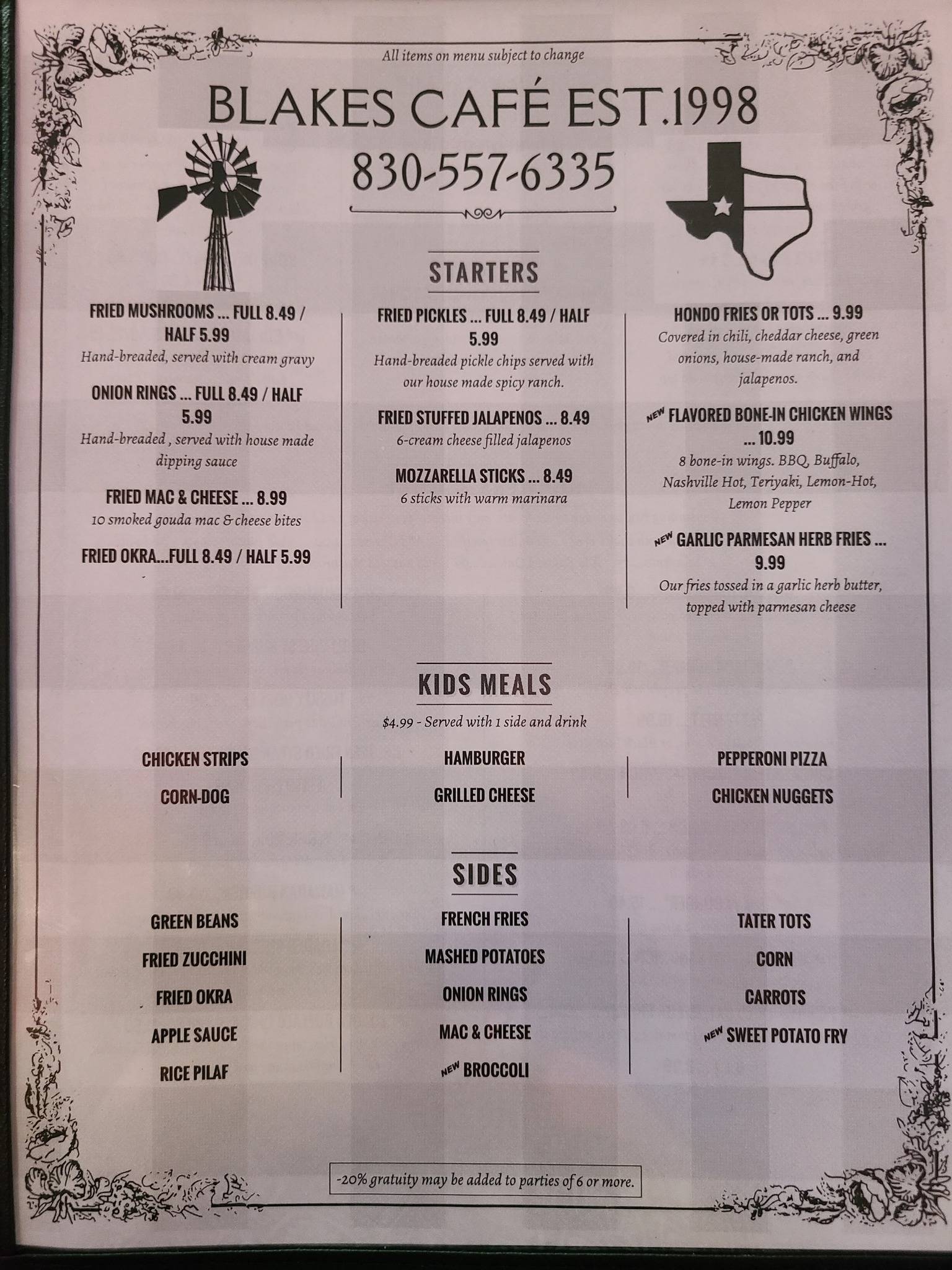 Menu at Blake's Cafe, McQueeney