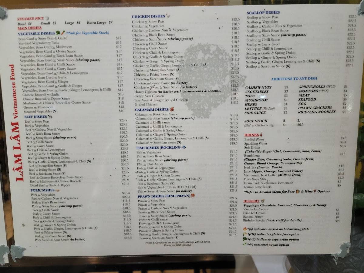 Menu at Lam Lam restaurant, Northcote