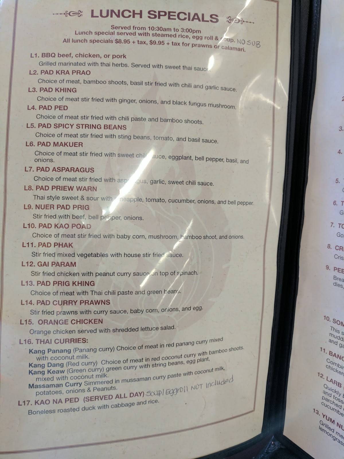 Menu at Bangkok Thai Restaurant, Merced