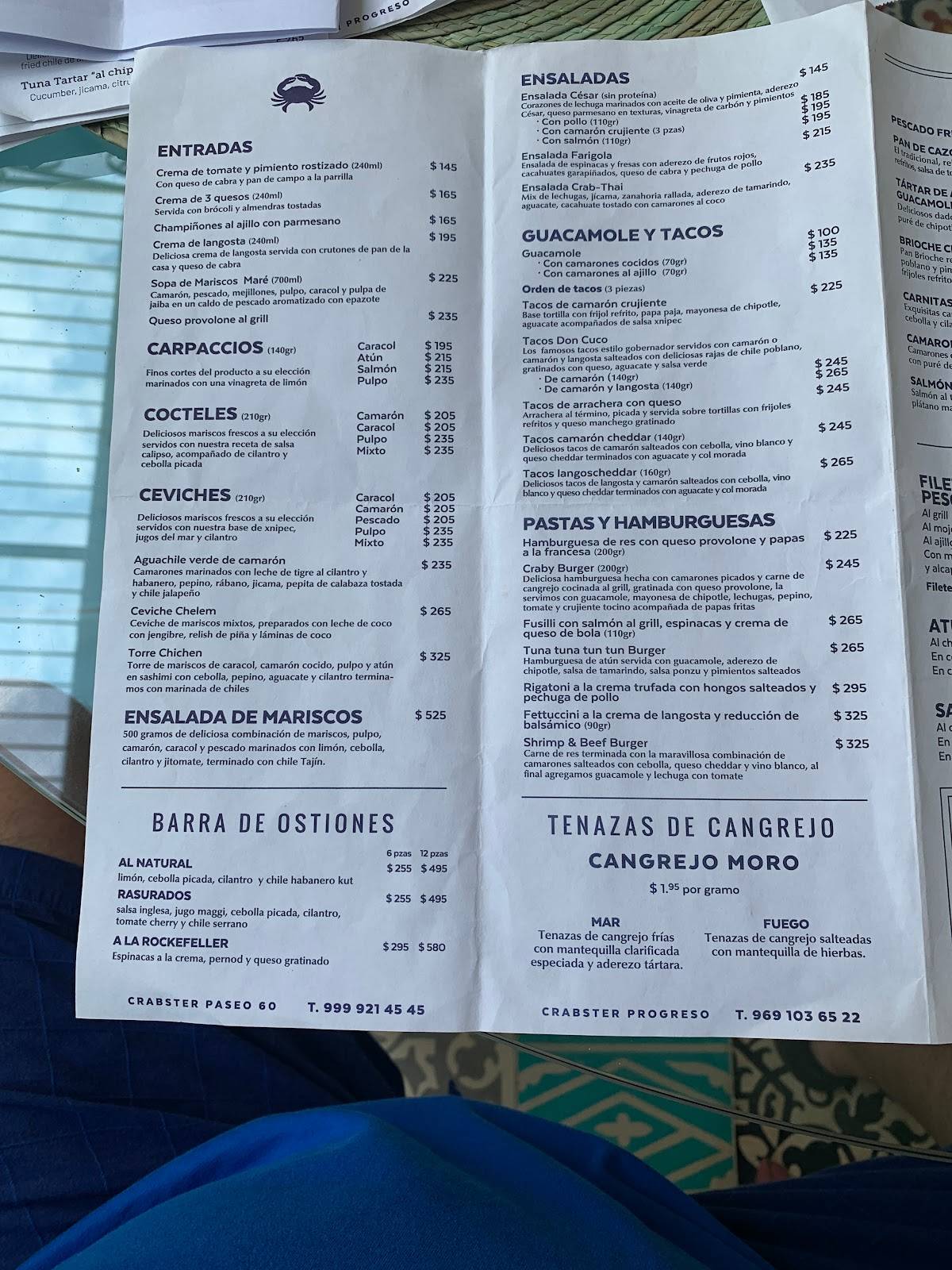 Menu at Crabster restaurant, Merida