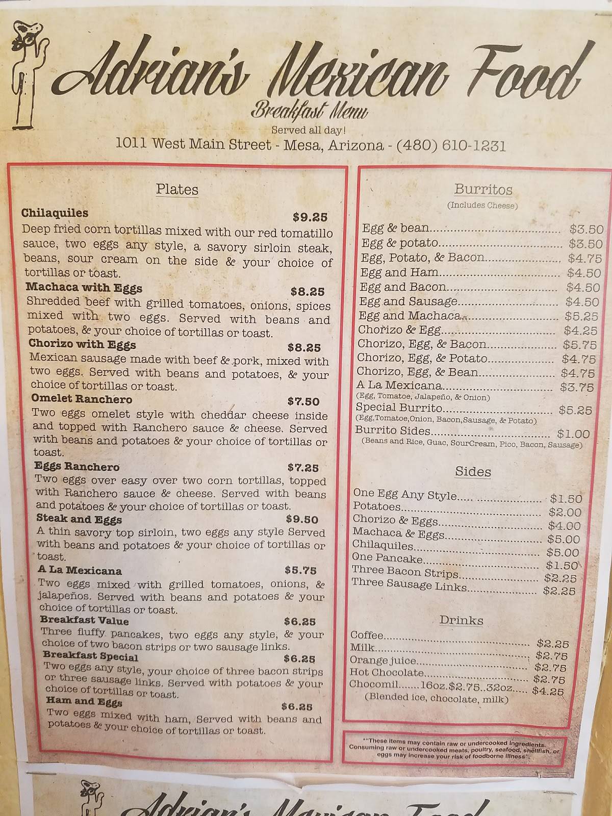 Menu at Adrian's #2 restaurant, Mesa