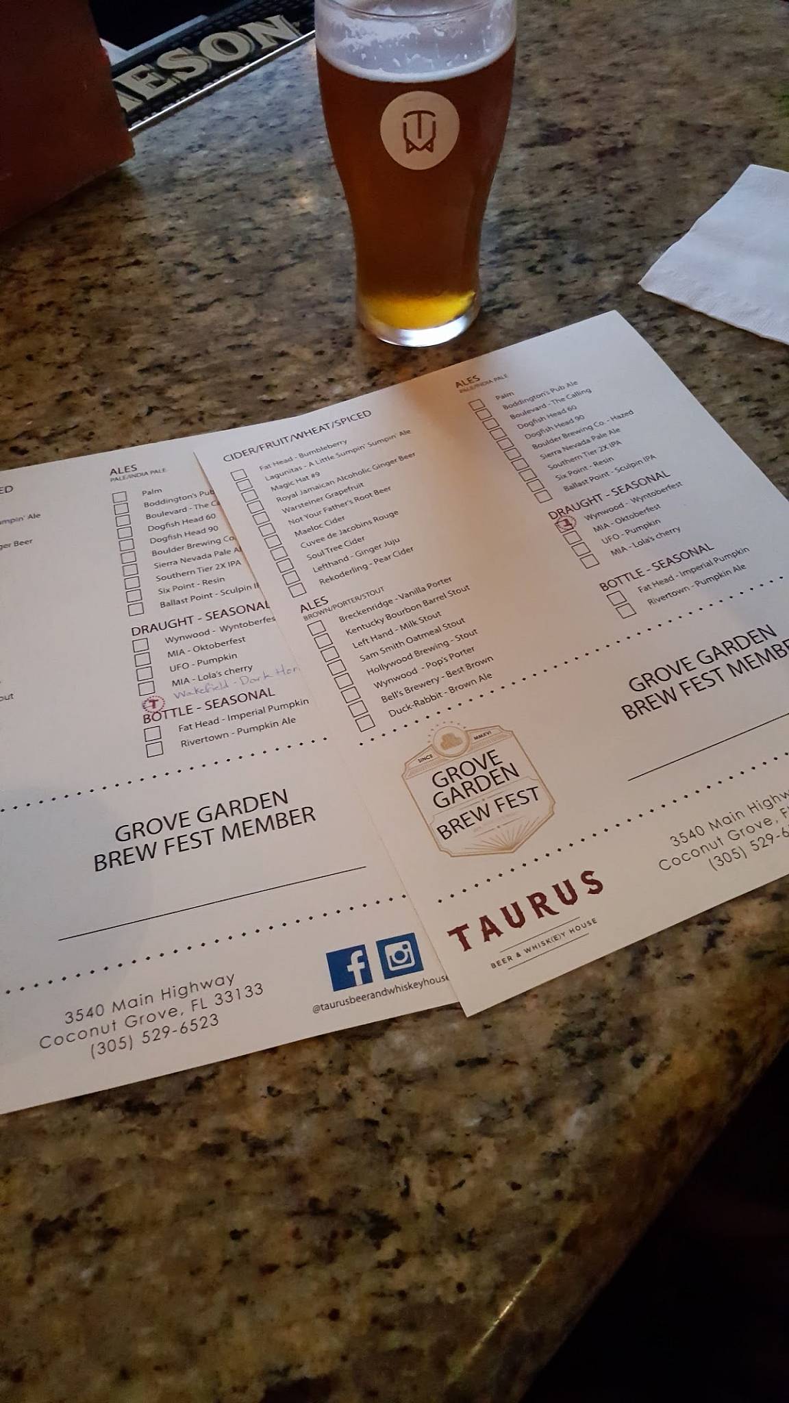 Menu at The Taurus Coconut Grove pub & bar, Miami