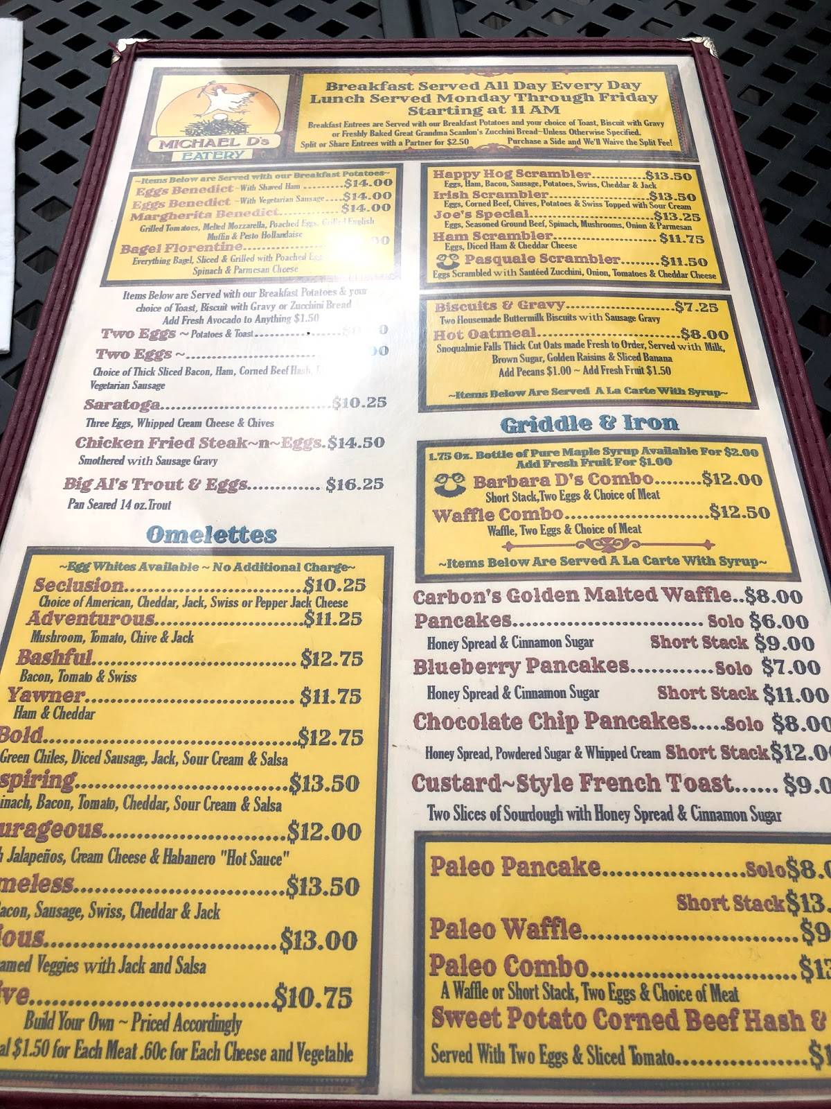 Menu at Michael D's Eatery restaurant, Coeur d'Alene