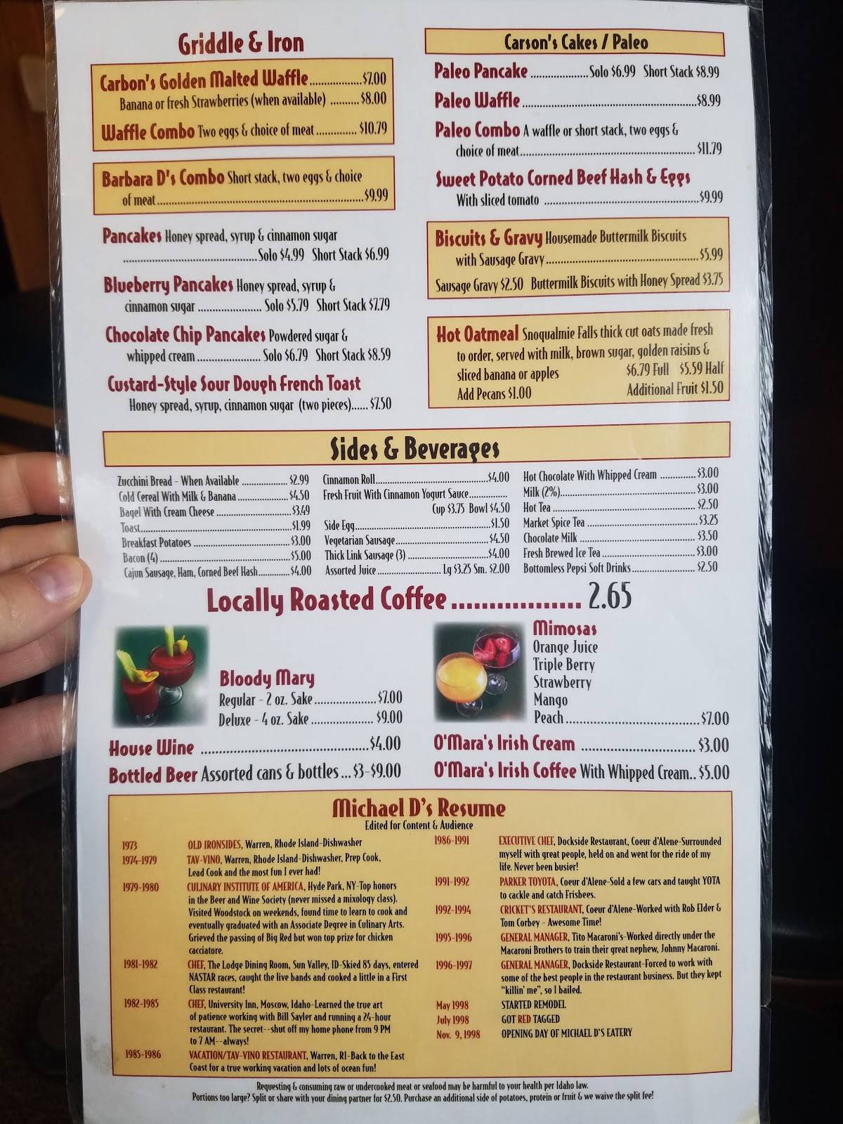 Menu at Michael D's Eatery restaurant, Coeur d'Alene