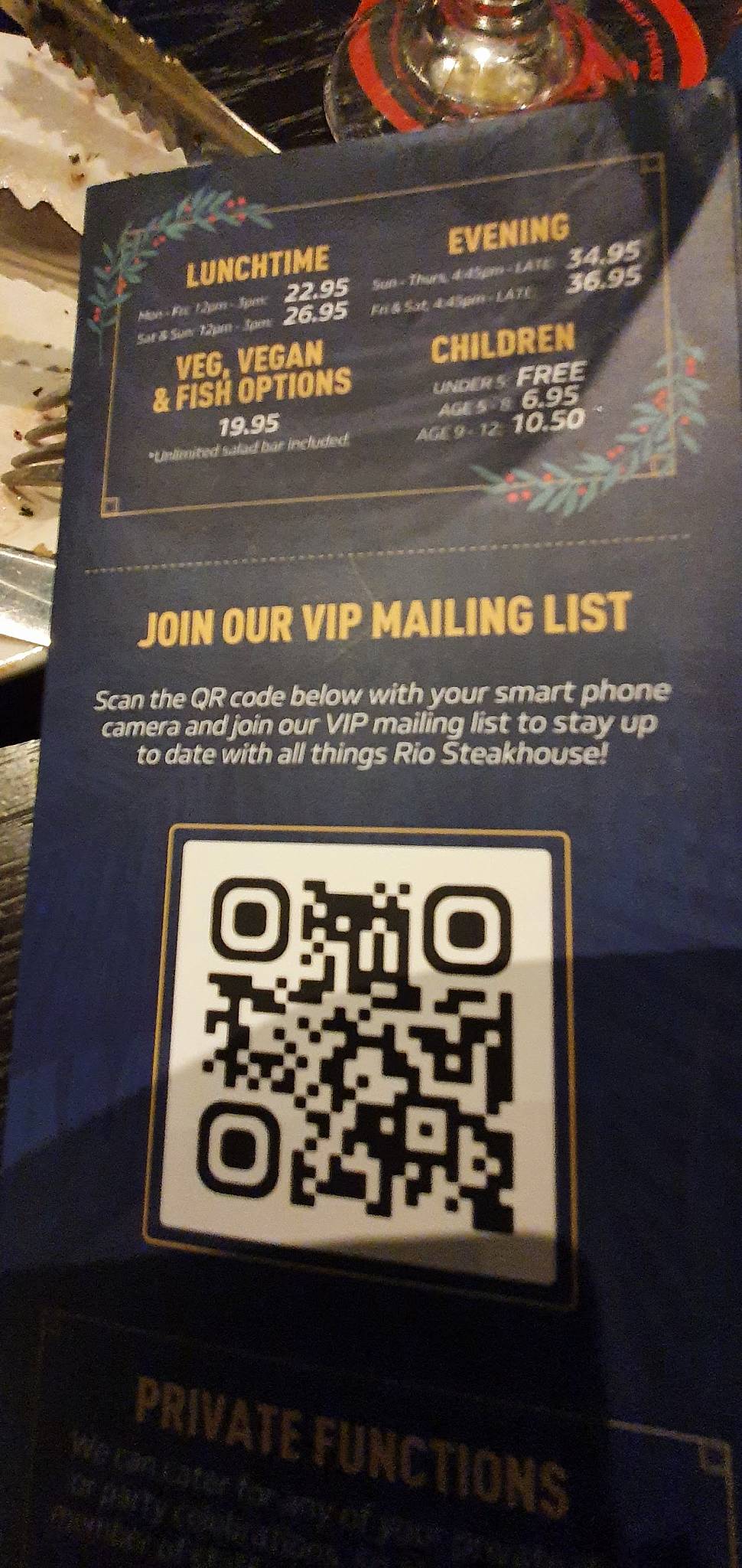 Menu at Rio Brazilian Steakhouse, Middlesbrough