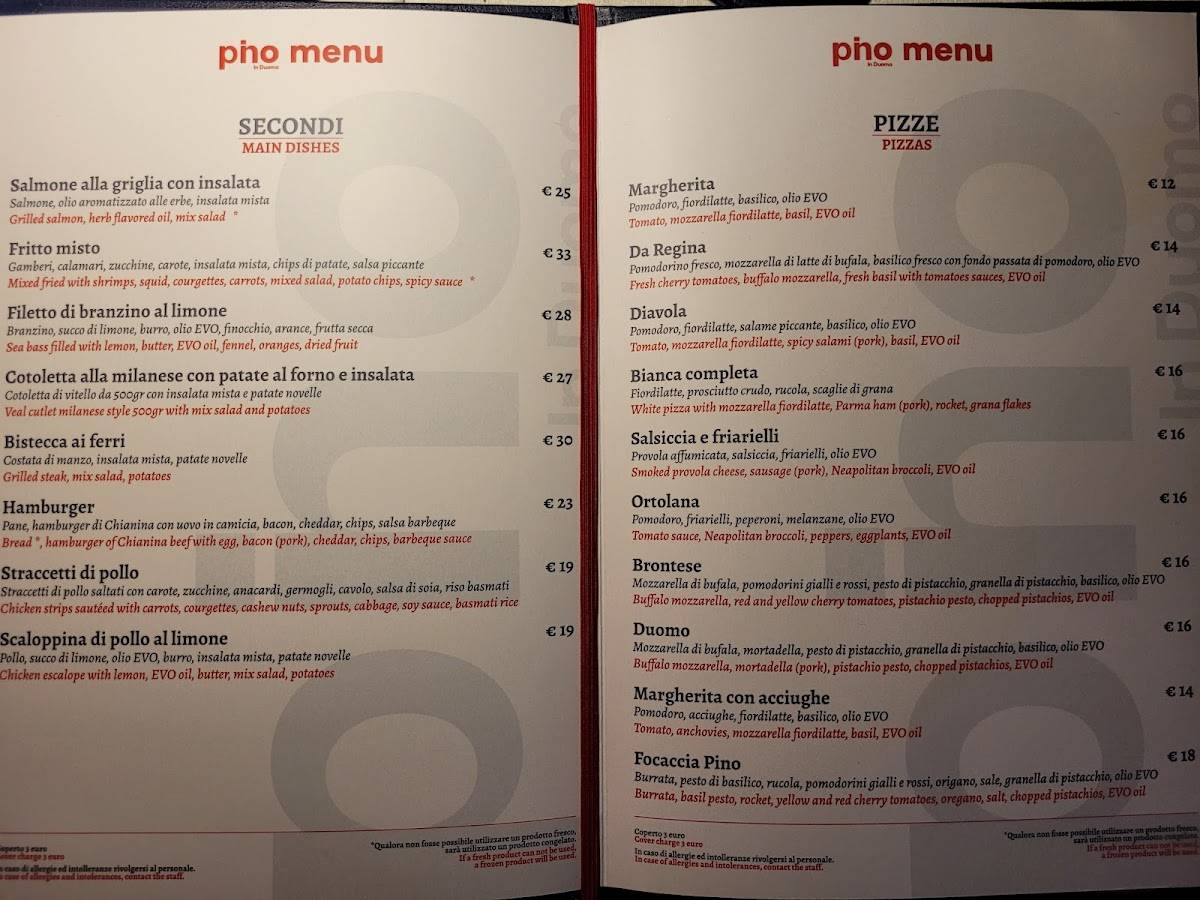 Menu da Pino in Duomo ristorante, Milano