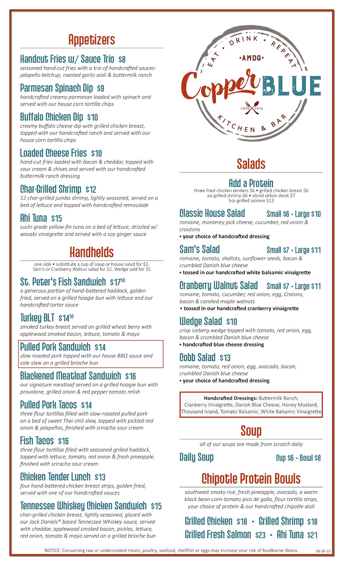 Menu at Copper Blue restaurant, Milford