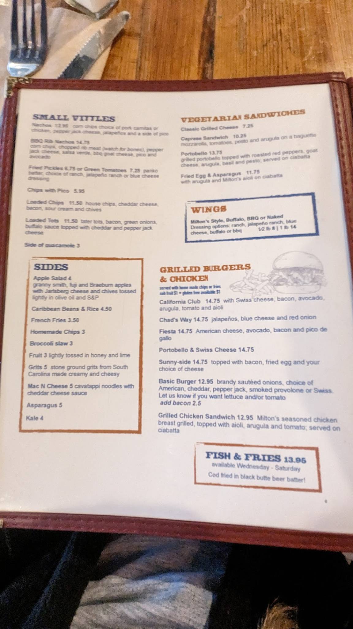 Menu at Milton's pub & bar, Crystal