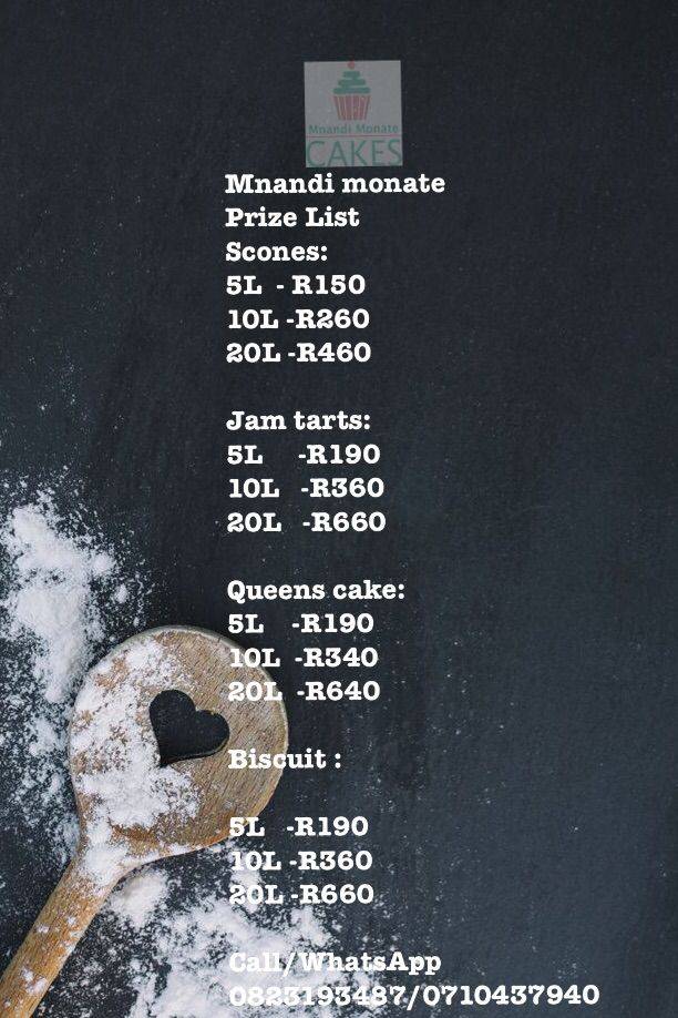 Speisekarte von Mnandi Monate Cakes, Alberton