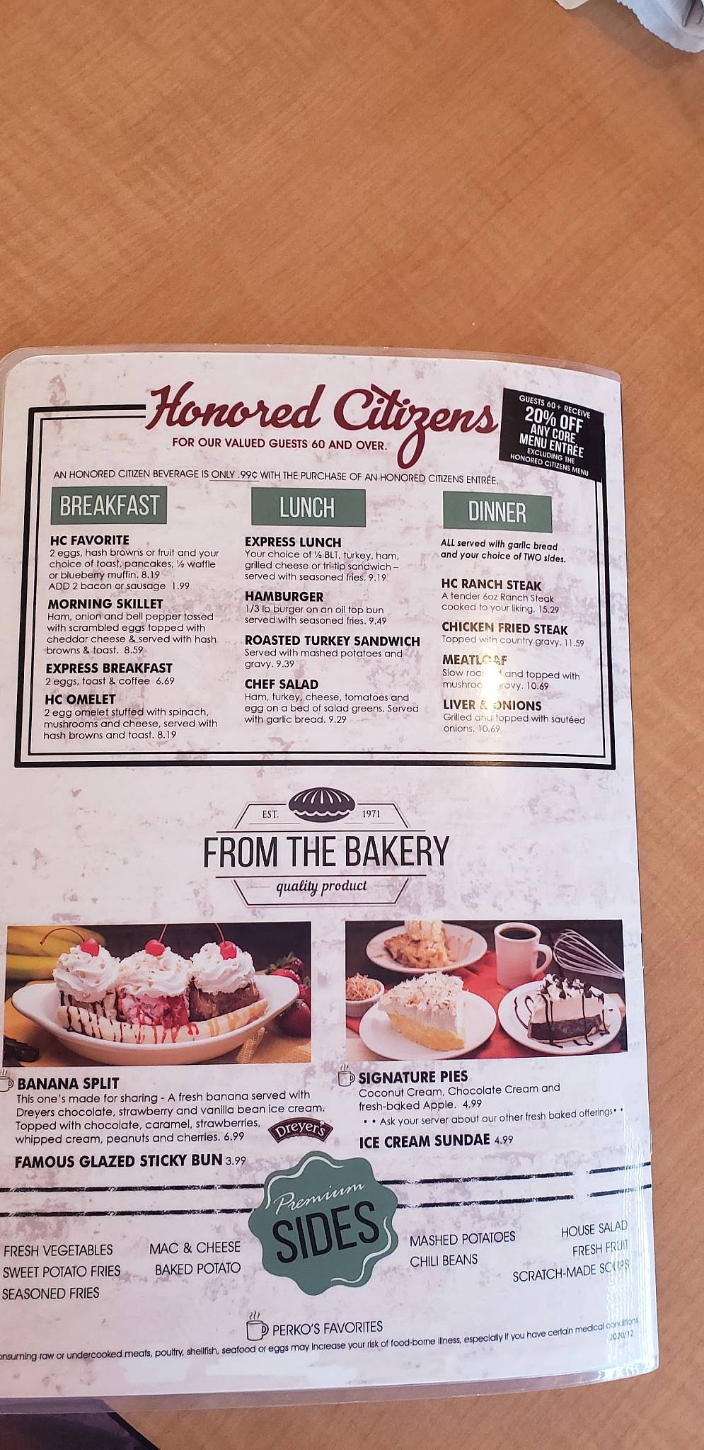 Menu at Perko's Cafe, Modesto, Oakdale Rd