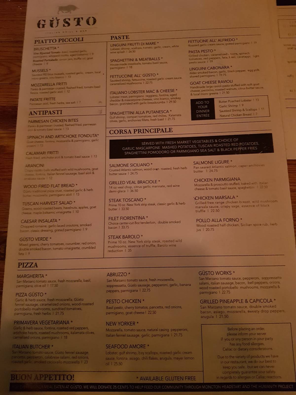Menu at Gusto Italian Grill & Bar, Moncton