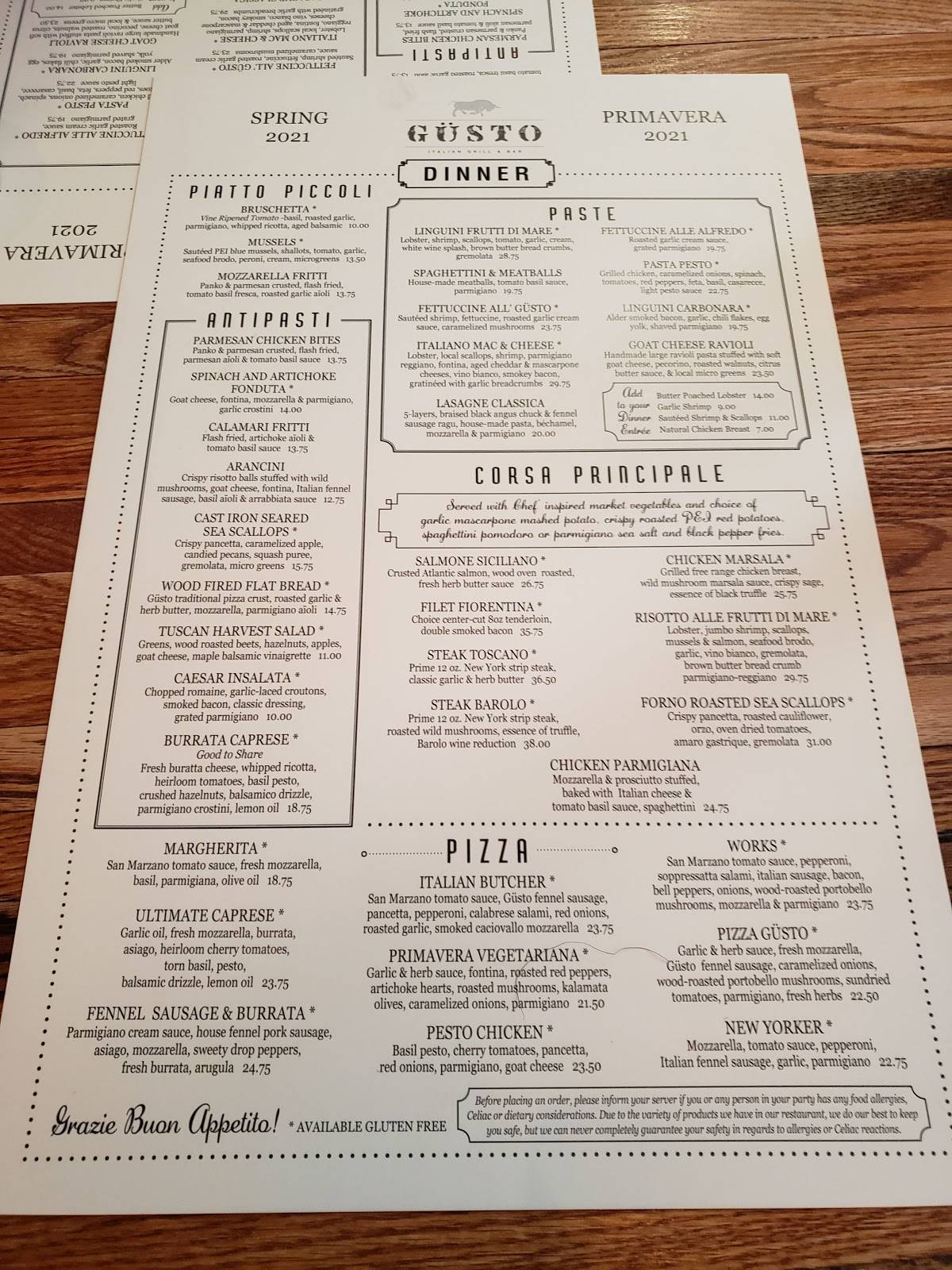 Menu at Gusto Italian Grill & Bar, Moncton