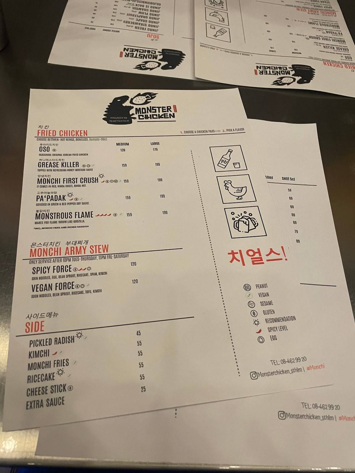 Menu at Monster Chicken restaurant, Stockholm