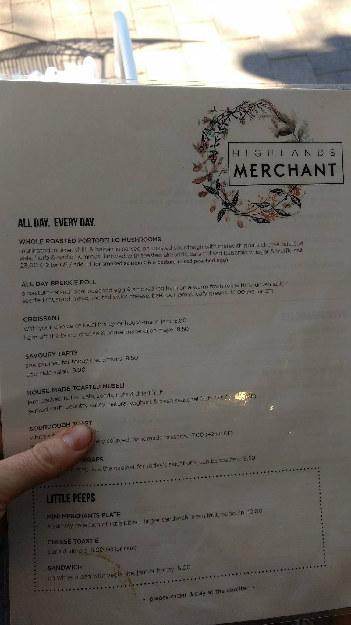 Menu at Highlands Merchant cafe, Moss Vale