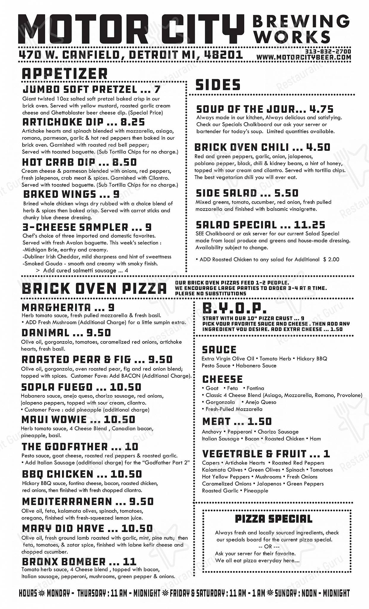 Menu at Motor City Brewing Works-Midtown pizzeria, Detroit, 470 W ...
