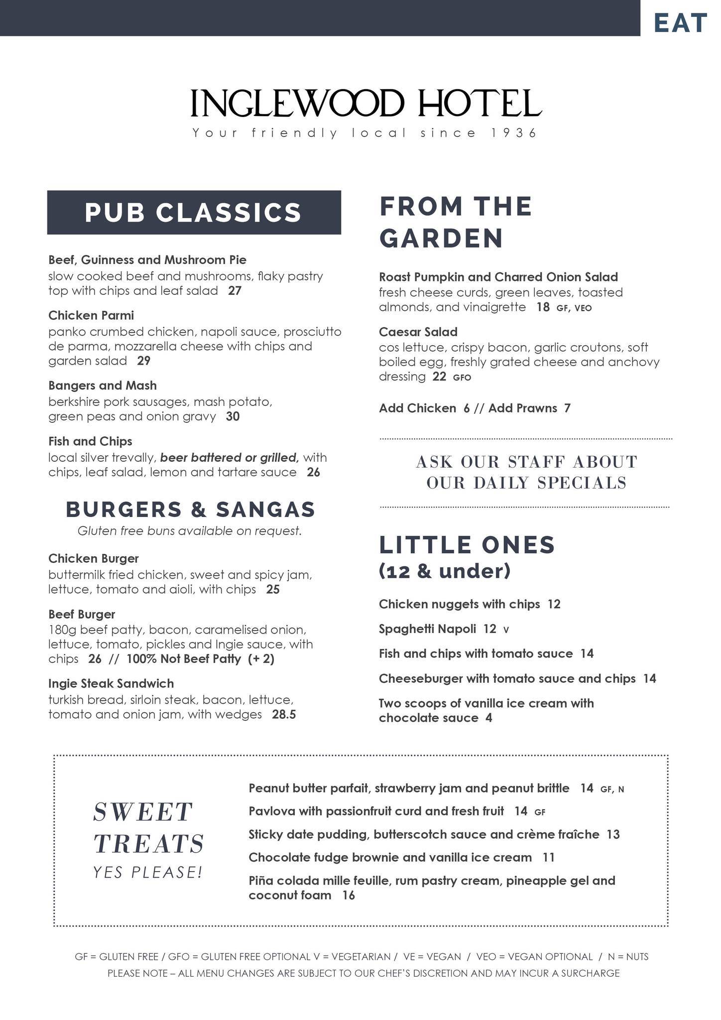 Menu at Inglewood Hotel Perth pub & bar, Mount Lawley